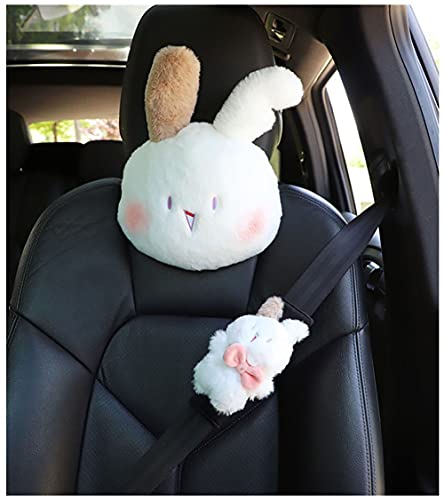 seemehappy Fuzzy Naughty Bunny Car Pillow Headrest Pillow, Fluffy Bunny Seat Belt Should Pad Cover, Cute Auto Accessories for Girls