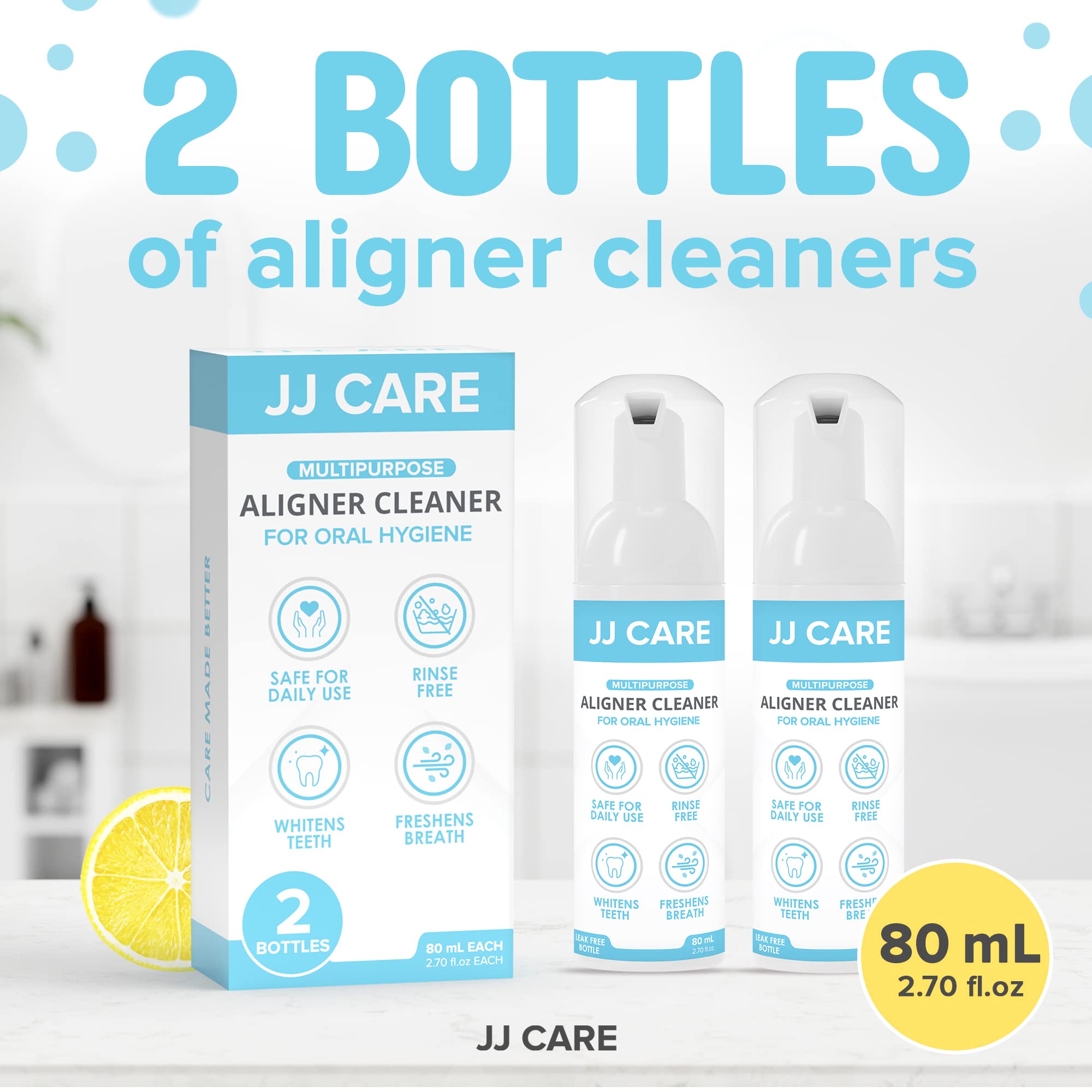 JJ CARE Aligner Cleaner - Pack of 2, 80ml Invisalign Cleaner, Lemon-Flavored Clear Retainer and Aligner Cleaner and Whitener, Kills Bacteria, Whitens Teeth & Fights Bad Breath