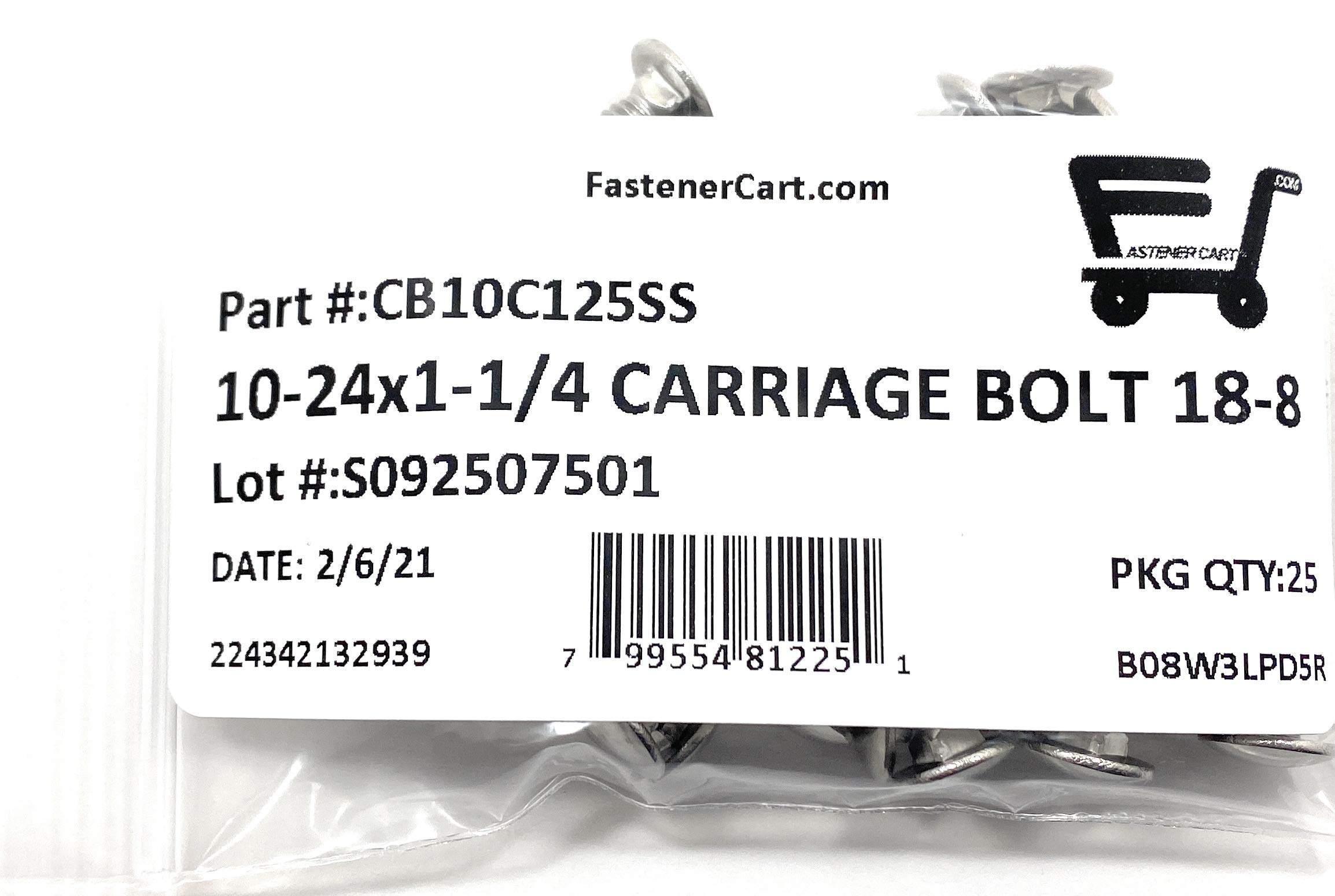 10-24x1-1/4 Carriage Bolts Stainless Steel 18-8 (25 Pieces)