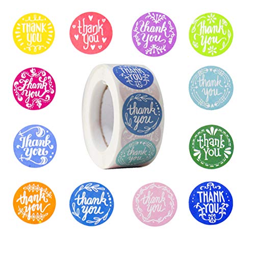 1 Inch Thank You Stickers - Water-Proof 1000pcs Roll, 12 Different Designs & Colors, Great for Decoration Gifts, Baking Store, Party, Small Business and Others