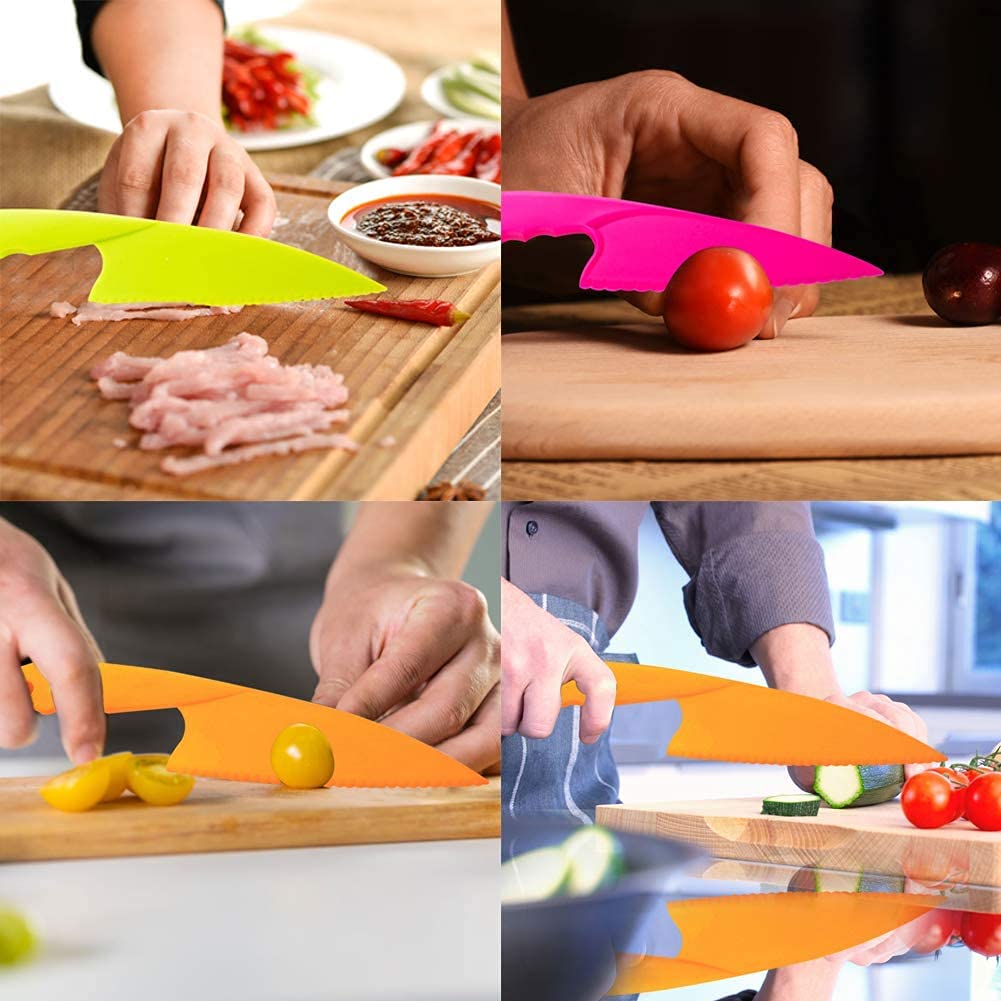 quirzx Kids Knife Set, 3PCS Kid Safe Knives with Cut Resistant Gloves (Ages 6-12), Serrated Edges, BPA-Free, Plastic Kitchen Kids Knives for Real Cooking & Cutting Fruit, Vegetable, Bread, Cake