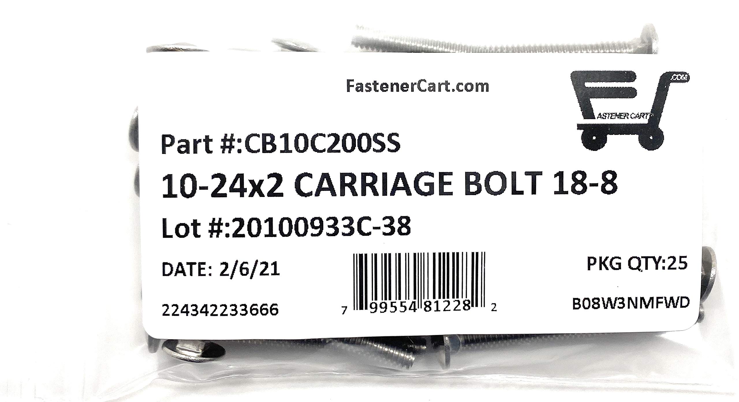 10-24x2 Carriage Bolts Stainless Steel 18-8 (25 Pieces)