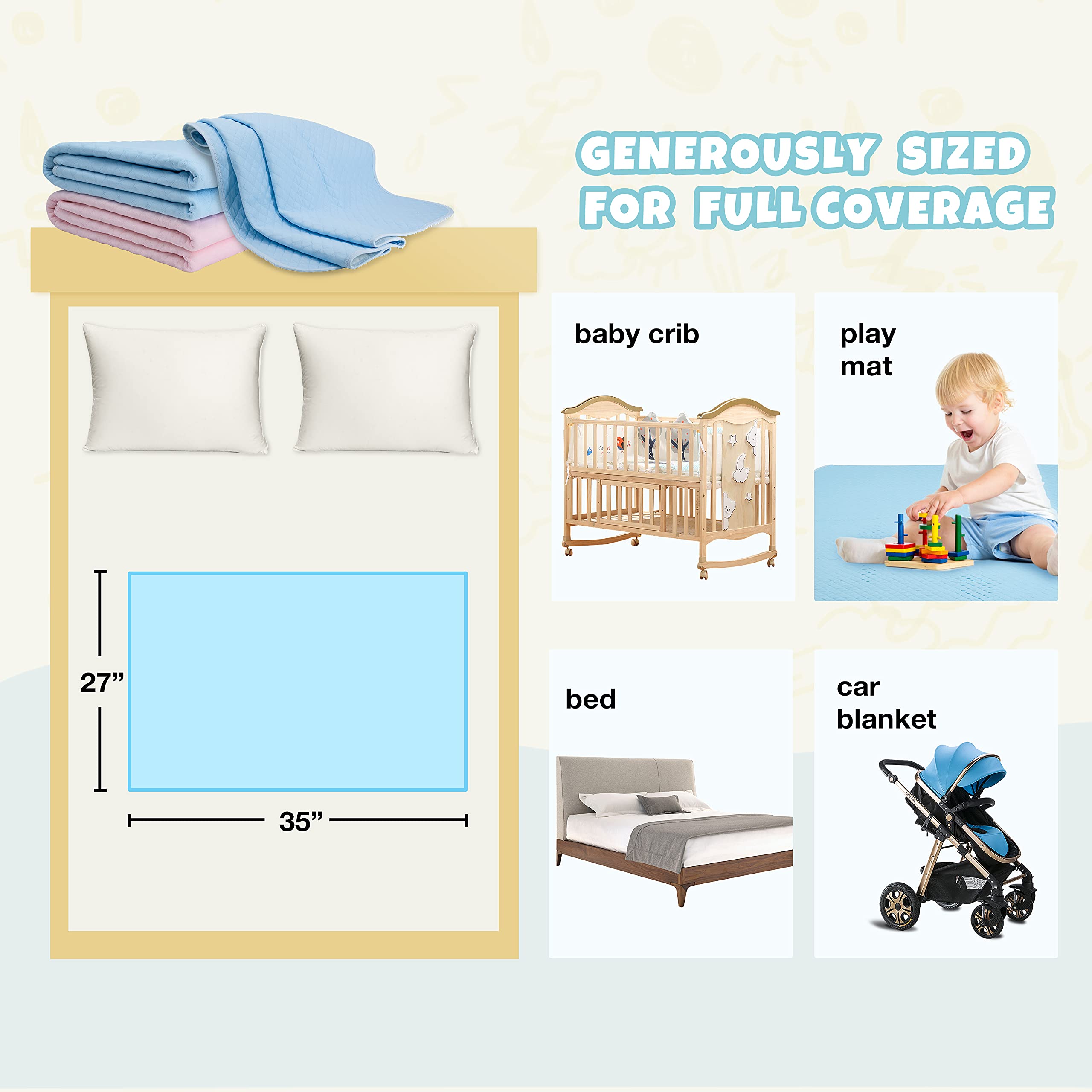 [Upgrade] CLOVERCAT 2 Pack Large Size 35x27” Bed Pads Washable Waterproof Mattress Protector, Reusable Incontinence Pee Pads for Bed Wetting Toddlers, Adults, Elderly, Women or Kids, Children