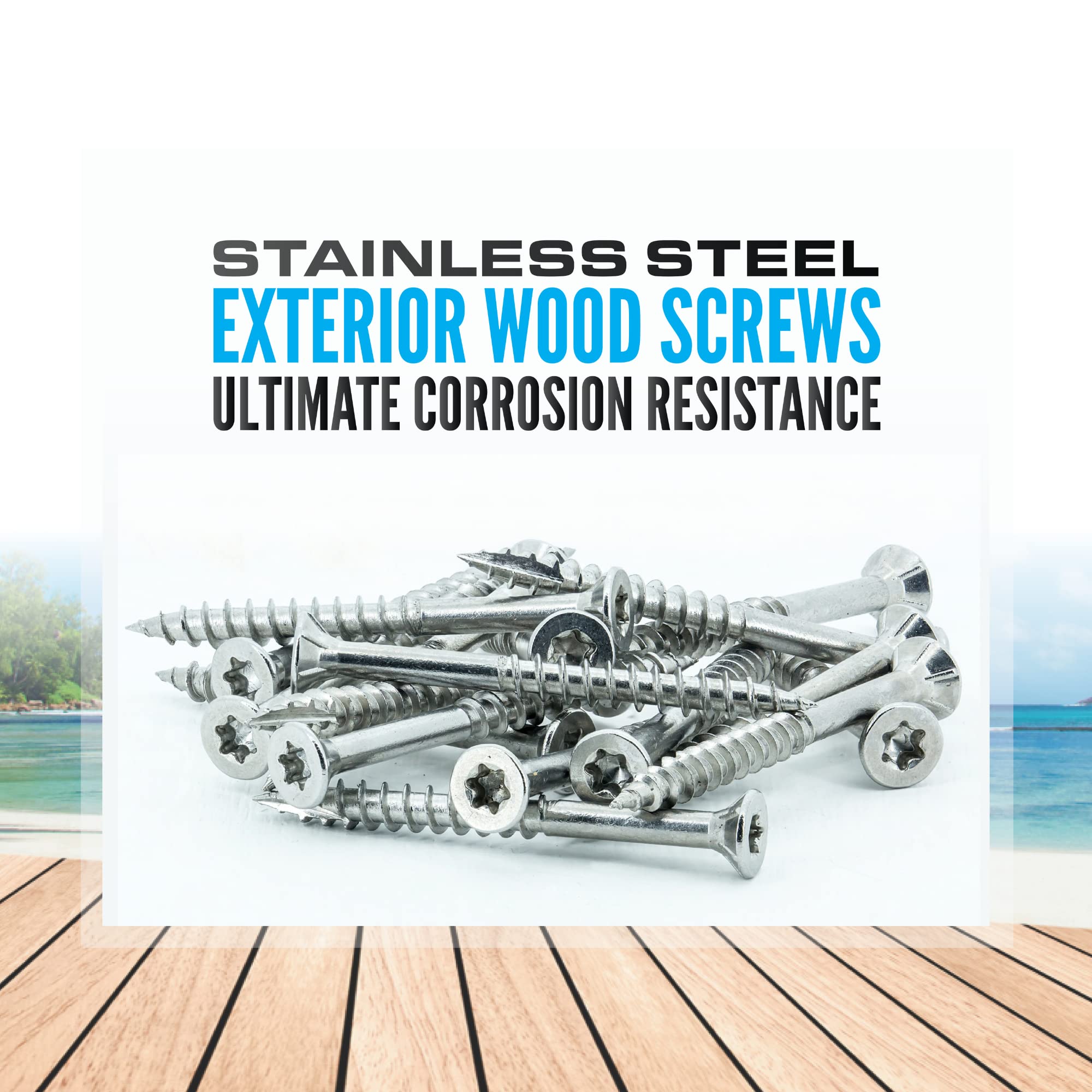 #8 X 1 5/8 Inch Stainless Steel Wood Screws 100 Pieces | Flat Head T20 Star Torx Drive | 304 Grade Stainless Steel Deck Screws | Allen's Trading Co. Eagle Claw Fasteners (Driver Bit Included)