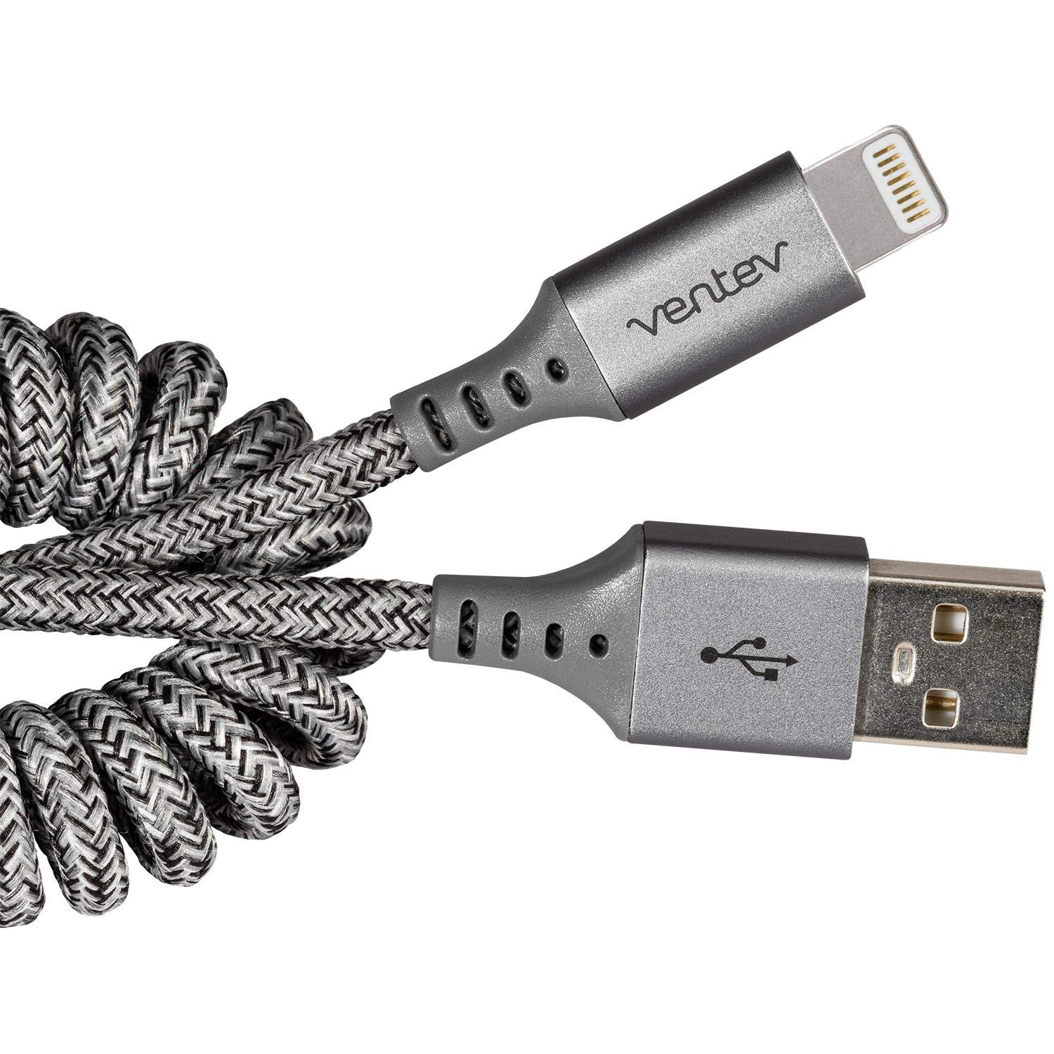 Ventev Helix 14 in Expandable iPhone Cable | Fast Charging USB-A to Lightning Cable | Coiled MFi Certified iPhone Charger Cord | No Tangle Cord, Conveniently Crafted for The Car iPhone, Gray