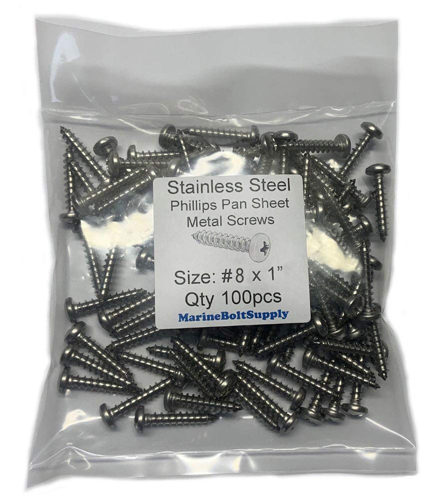 #8 x 1 Stainless Steel Pan Head Sheet Metal Screws, Full Thread, Phillips Drive, Bright Finish, Self-Tapping, Quantity 100 Pieces by Marine Bolt Supply