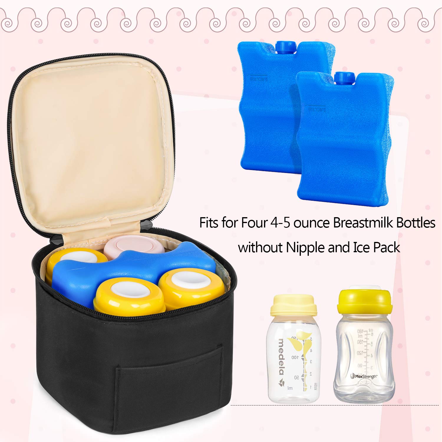 Teamoy Breastmilk Cooler Bag with Ice Pack, Baby Bottles Bag for up to 4 Large 5 Ounce Bottles Without Nipple, Perfect for Working Mom Mother, Black