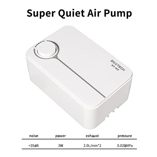boxtech Upgrade Aquarium Air Pump, Ultra-Quiet Fish Tank Oxygen Pump with Adjustable Airflow, Powerful Air Pump with 2 Outlets to Pump Rich and Fine Air Bubbles