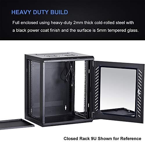 [Fully Assembled] KENUCO Deluxe IT Wall Mount Cabinet | Server Rack | Data Network Enclosure 19-Inch Server Network Rack with Locking Tempered Glass Door (Black 09U)