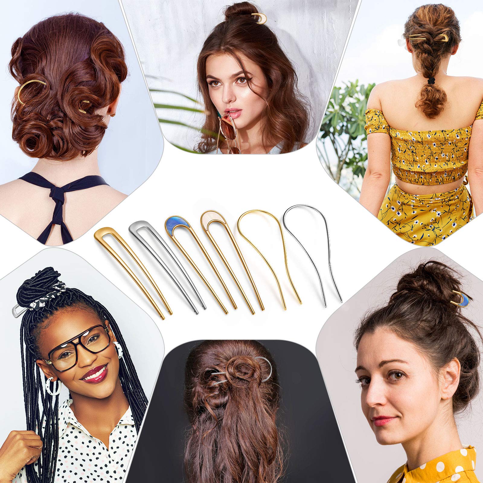 10 Pieces Metal U-Shape Oval Side Comb Hairpin Hair Fork Clip Stick Hair Bun Updo Sticks Gold Silver Chignon Pin Grips for Women Styling Tool Accessories