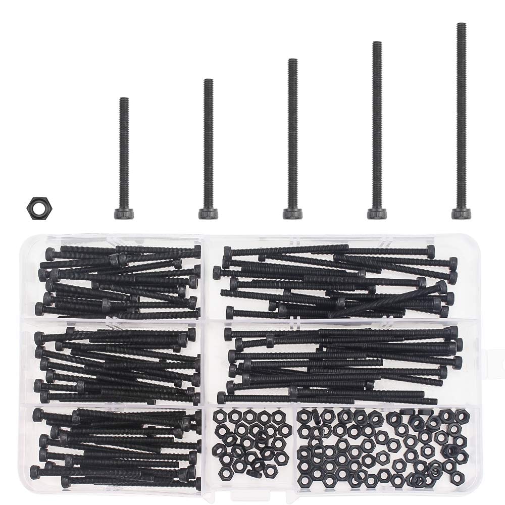 DYWISHKEY 200 Pieces M3 x 30mm/35mm/40mm/45mm/50mm, 12.9 Grade Alloy Steel Hex Socket Head Cap Bolts Screws Nuts Kit with Hex Wrench