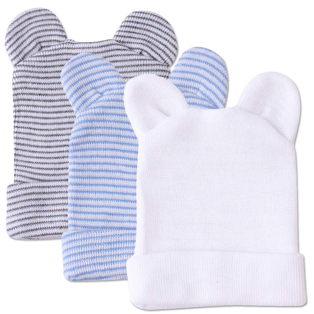 Aablexema Newborn Hat with Ears - Infant Boys Hospital Hat Baby Nursery Beanie Caps 0-3 Months(3pcs, A White & Blue & Grey)
