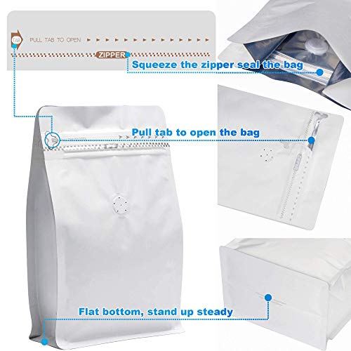 50 Pieces 12 Ounce White Kraft Paper Coffee Bags, Stand Up Coffee Pouches with One Way Degassing Valve and Reusable Side Zipper (Pull Tab to Open) Flat Bottom - Stand Up Well (12oz, 340gram)