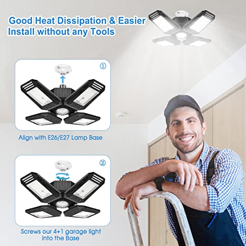 2 Pack LED Garage Lights, 4 +1 Panels 120W 15000LM-6500K Adjustable Ceiling Garage Light with E26/E27 Screw Base Deformable Lighting for Garage Barn Workshop Warehouse Residential High Bay Light
