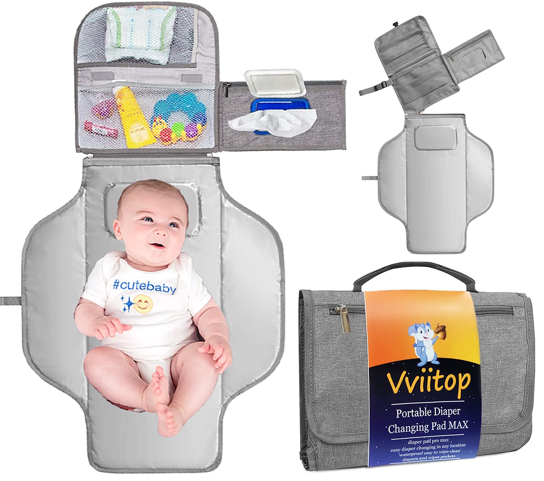 Portable Diaper Changing Pad, Detachable Travel Changing Pad for Baby with Wipes Pocket, Diaper Pad Changing Mat Clutch Bag for Newborn Boys & Girls