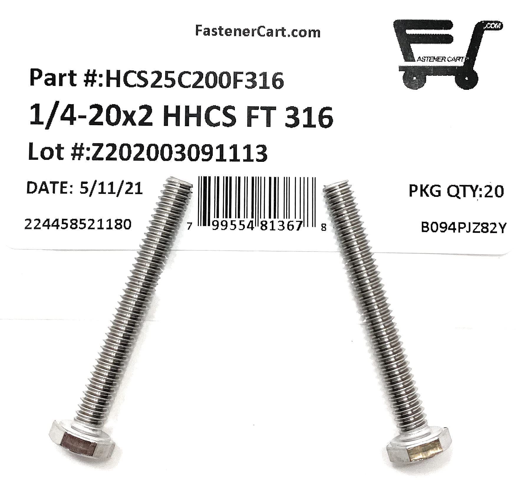 1/4-20x2 Stainless Steel Hex Cap Screws Hex Bolts 316 Marine Grade Stainless Steel Full Thread - (20 pcs)