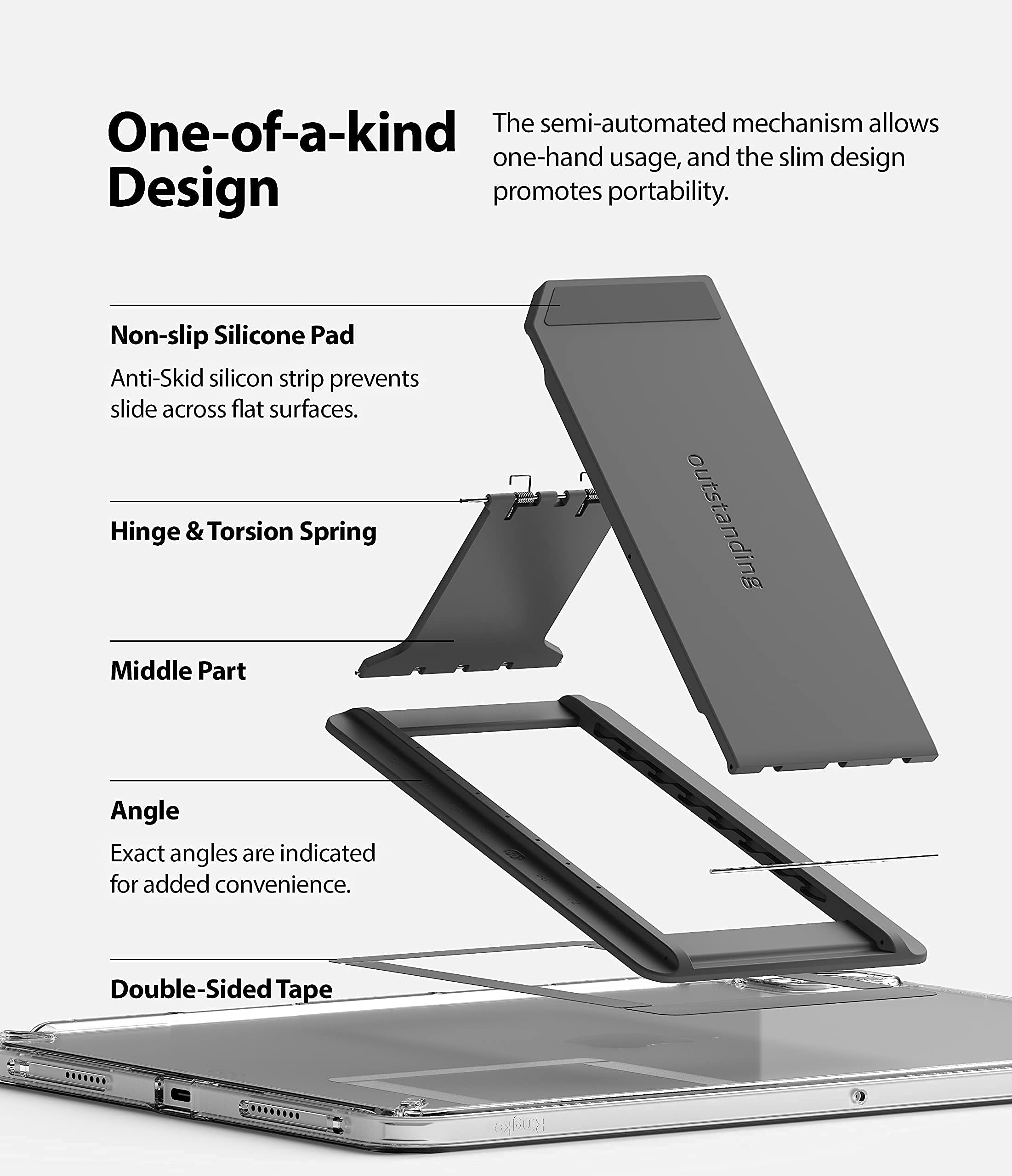 Ringke Outstanding Universal Tablet Stand Spring-Action Kickstand Multi Angle Adhesive Attachment for iPad Tablets, E-Reader, and More - Dark Gray