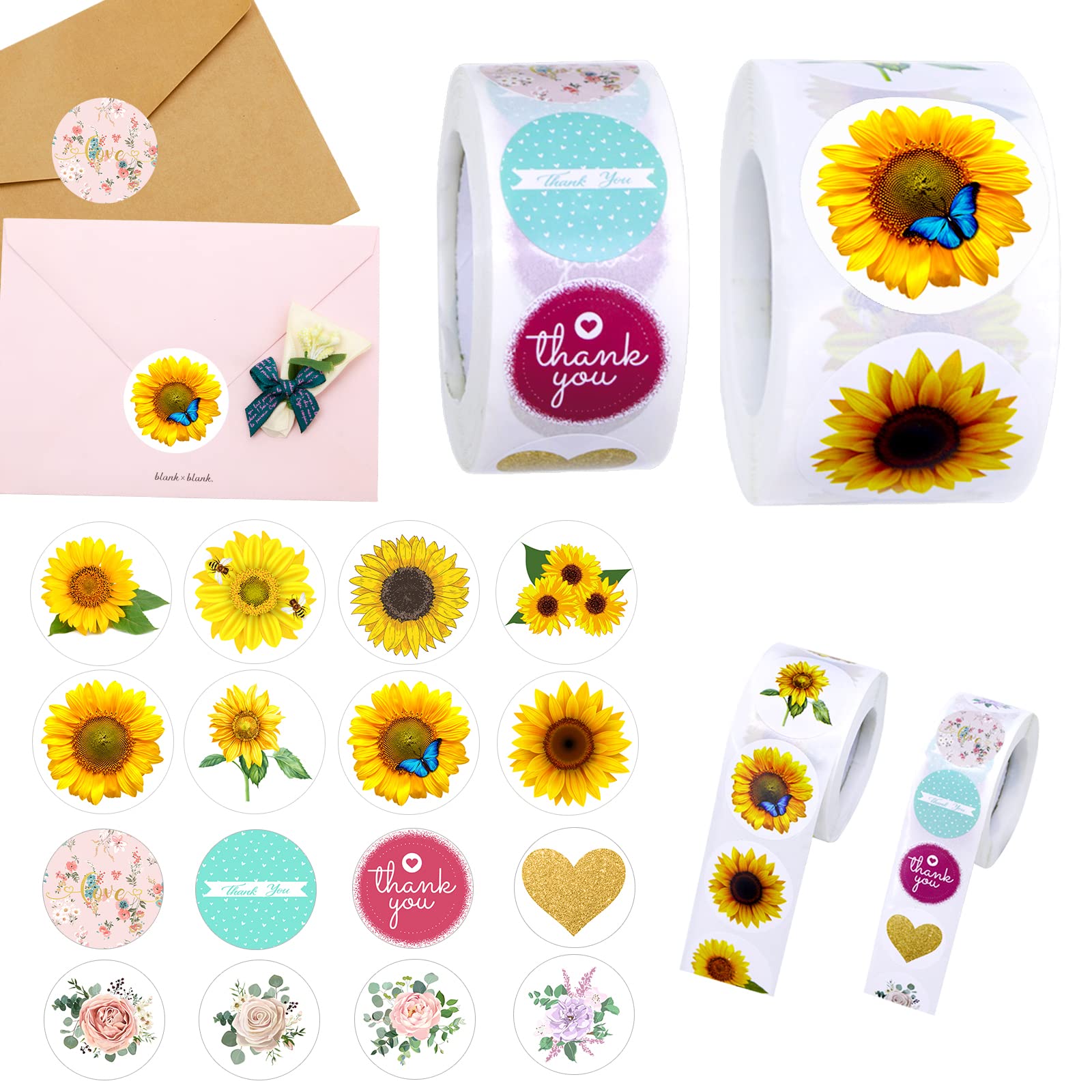 1000 Pieces Sunflower Round Adhesive Labels,Vintage Flower Stickers Roll for Cards Envelope Gift Boxes Envelope Seals Stickers(2 Rolls)