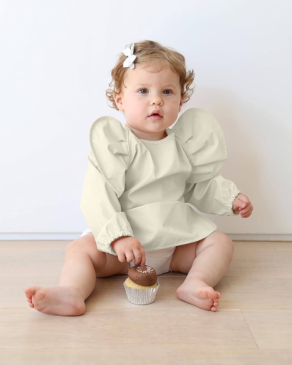 WILLOW + SIM Long Sleeve Baby Bib - Mess-Proof Feeding Bib for Babies 6-24 Months - Antique White