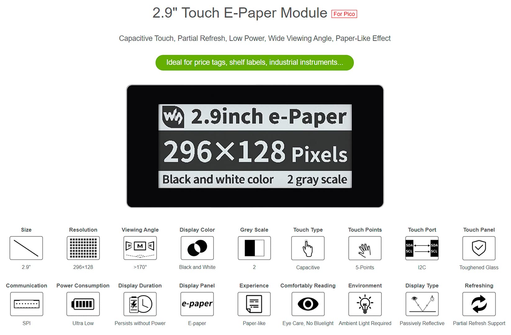 waveshare 2.9inch Capacitive Touch e-Paper Module for Raspberry Pi Pico, 296×128 Pixels, Black/White Two-Color, SPI / I2C Interface, Support Partial Refresh