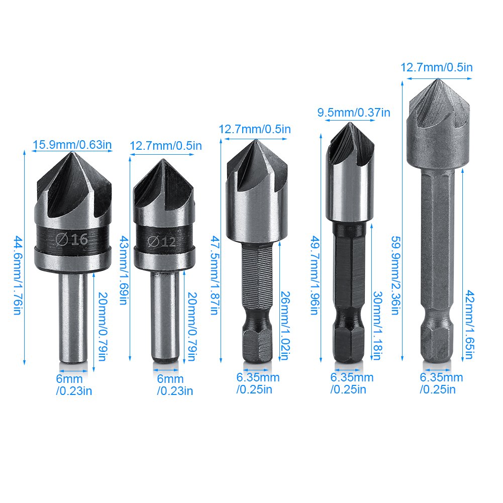 γπππ¬πππ« ππ«π¨π¦π¨ππ’π¨π§γ Countersink Drill Bit Set, 5 Pcs/Set High Speed Steel Industrial Countersink Drill 5 Flutes Woodworking Chamfering Cutter