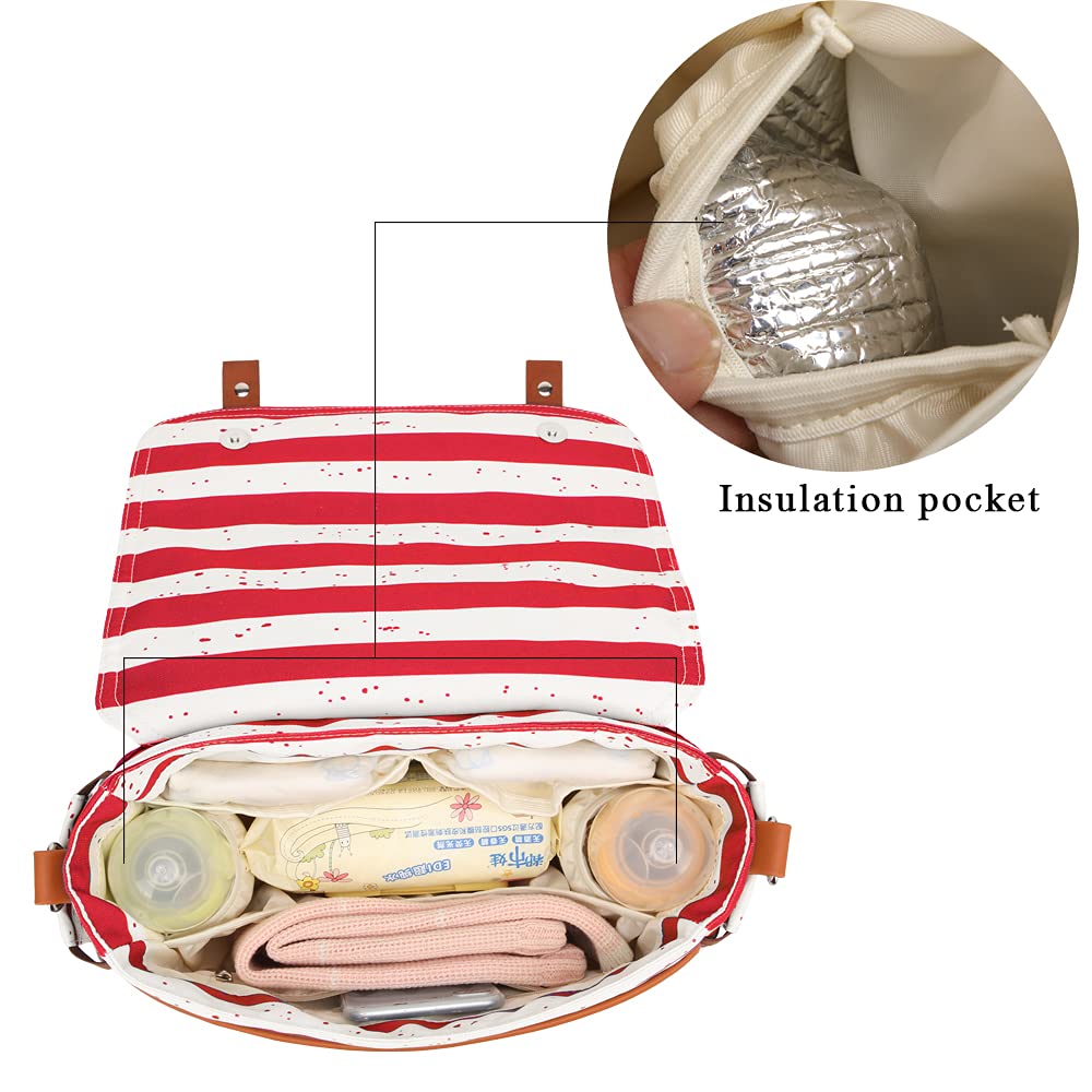 Baby Diaper Stroller Bag - Diaper Caddy Tote Baby Stroller Bag Nursery Storage Bin for Diapers, Wipes & Toys Diaper Bag With Stroller Hooks, Classic Stripes (Red)