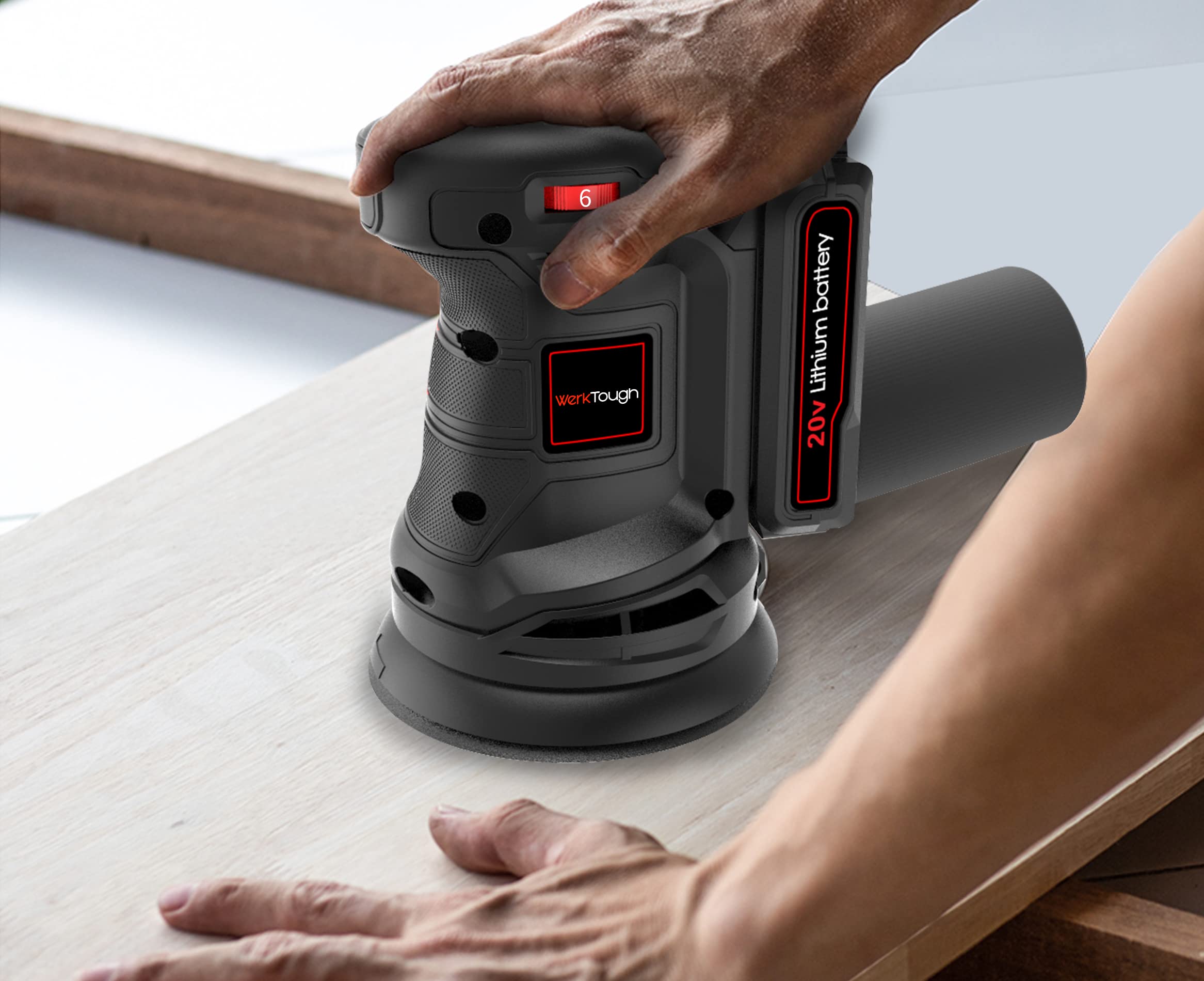 Powertough SA002 20v Cordless Random Orbital Sander 6-step Speed With 2.0A BatteryAnd Fast Charger 1pcs 125 Sander Wheel And 6pcs 125mm Sander Paper With Dust Bag