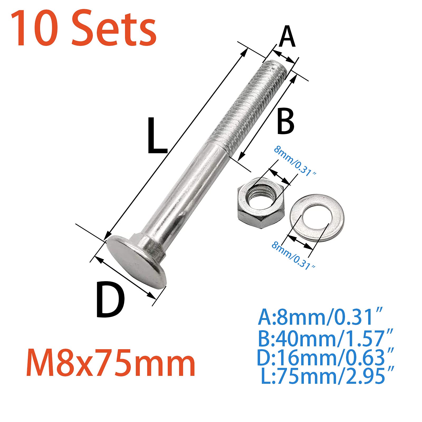 10 Sets Long Square-Neck Carriage Bolts Set,Carriage Bolts Set w/Nuts & Flat Washers,Zinc-Plated,Carbon Steel Grade 4.8,Plain Finish,Partial Threaded(M8-1.25X75mm)