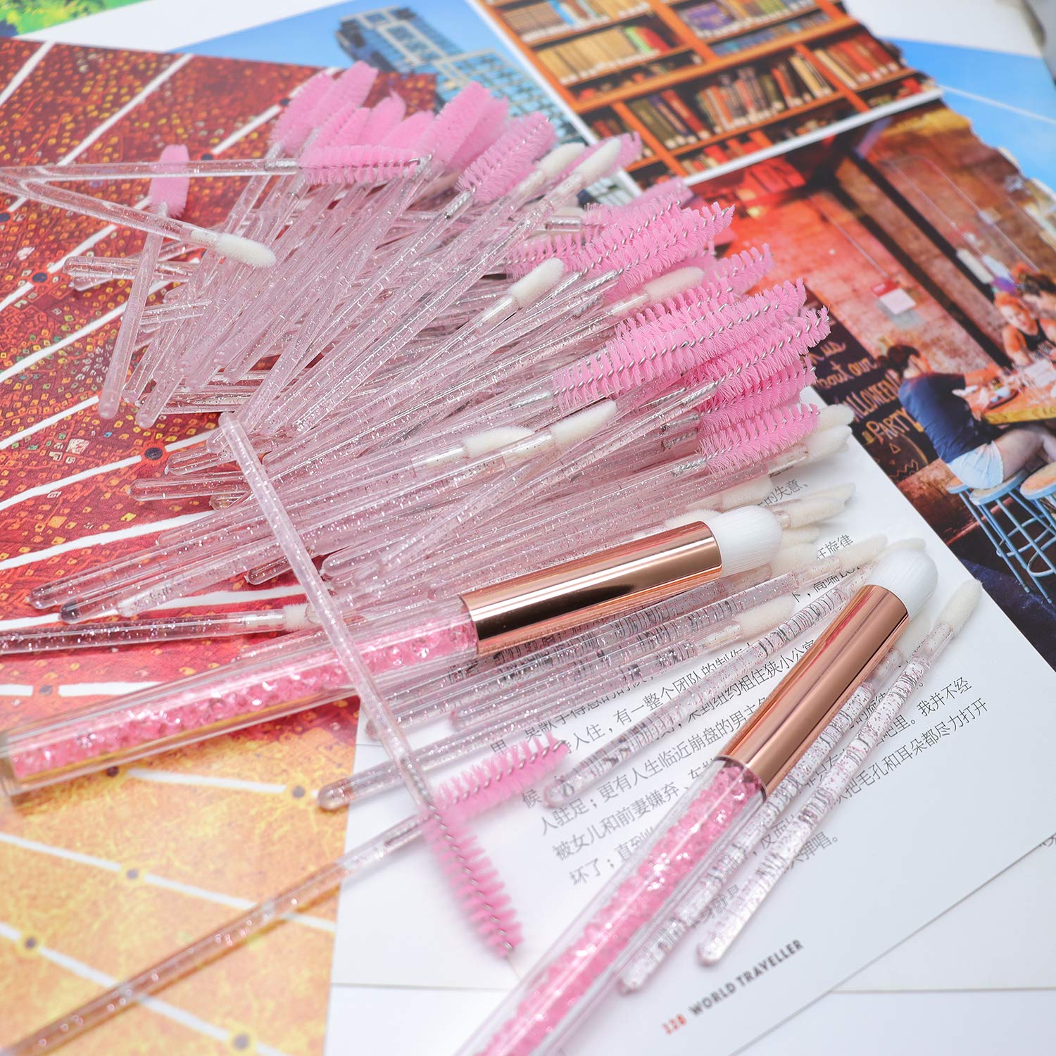 102 Pcs Glitter Disposable Makeup Applicators,Pink Lash Shampoo Brushes,Disposable Mascara Wand,Eyelash Cleansing Brushes Disposable Lip Wand (Pink)
