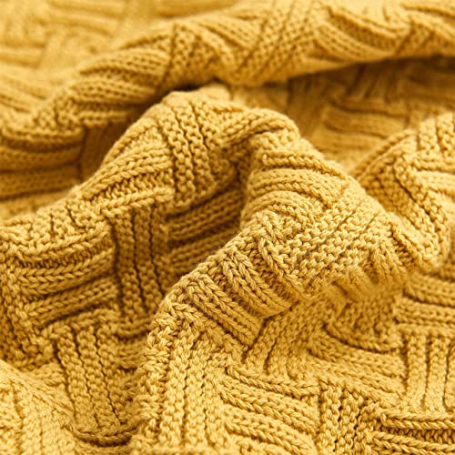 100% Cotton Navy Blue Cable Knit Throw Blanket with Bonus Laundering Bag - Large Thick, 2.5 Pounds,Extra Cozy, Machine Washable, Comfortable Home Decor (Mustard Yellow Stripe Pattern, 60"x80")