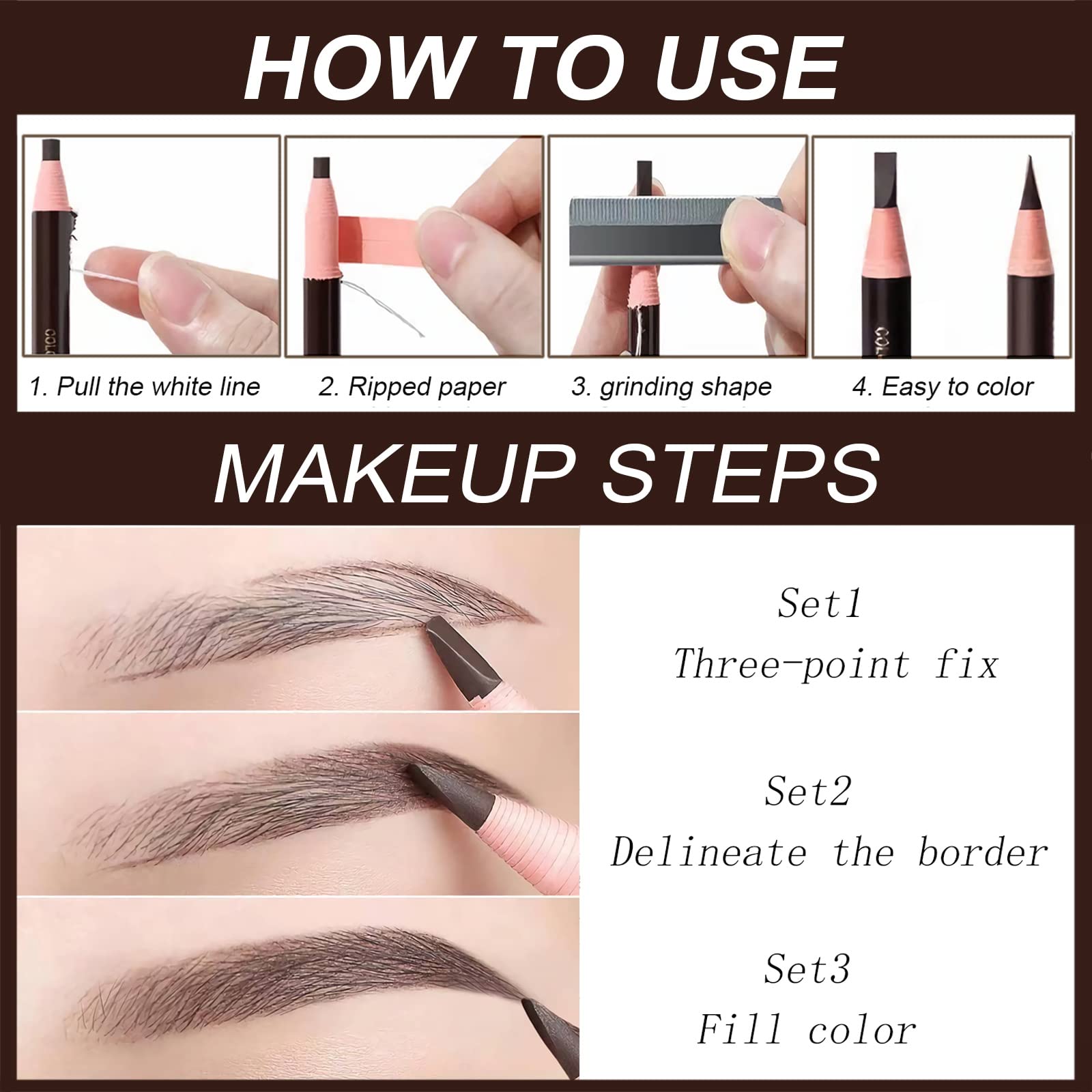 SUMEITANG 12 Pcs Pull Cord Peel-off Dark Brown Eyebrow Pencil,Wooden Hard-core Microblading Eye Brow Pencil For Marking, Filling And Outlining, waterproof and sweat-proof for Professionals & Beginners