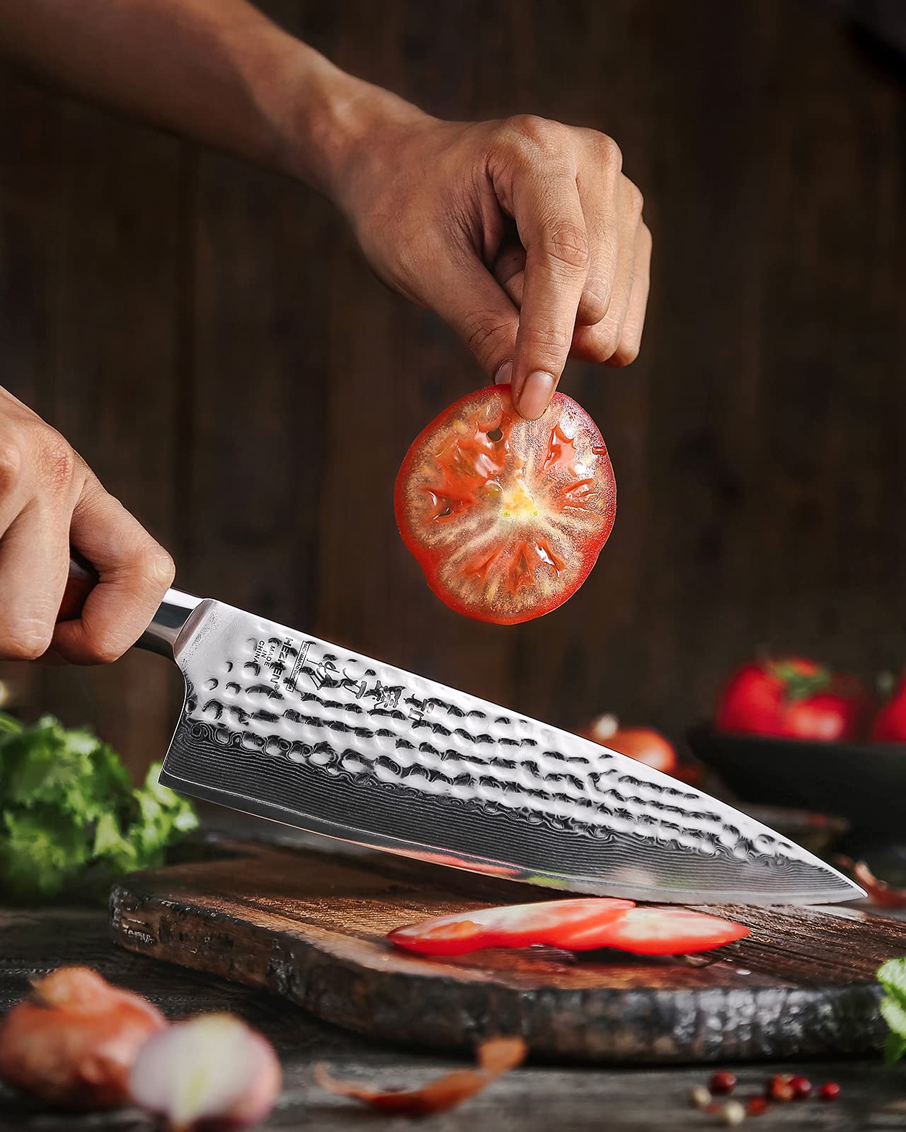 HEZHEN 8.3 Inches Damascus Chef Knife, Damascus Steel Powder Steel Kitchen KnifeHammered Pattern,Natural Rosewood Handle