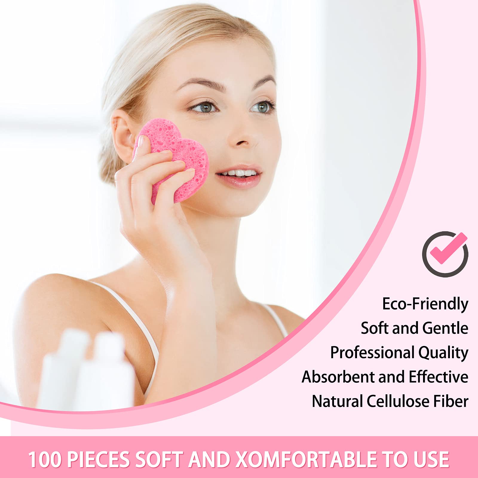 100 Pieces Heart Shape Facial Sponges Compressed Natural Cellulose Sponge Reusable Cosmetic Makeup Remover Sponge Face Cleansing Natural Sponge for Face Cleansing Exfoliating (Pink)