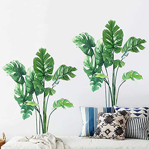 Monstera Leaf Wall Decals 2 PCS Palm Leaves Wall Stickers for Living Room, Green Tropical Plants Wall Decor Posters Vibrant Jungle Leaves Wallpaper for Bedroom Nursery