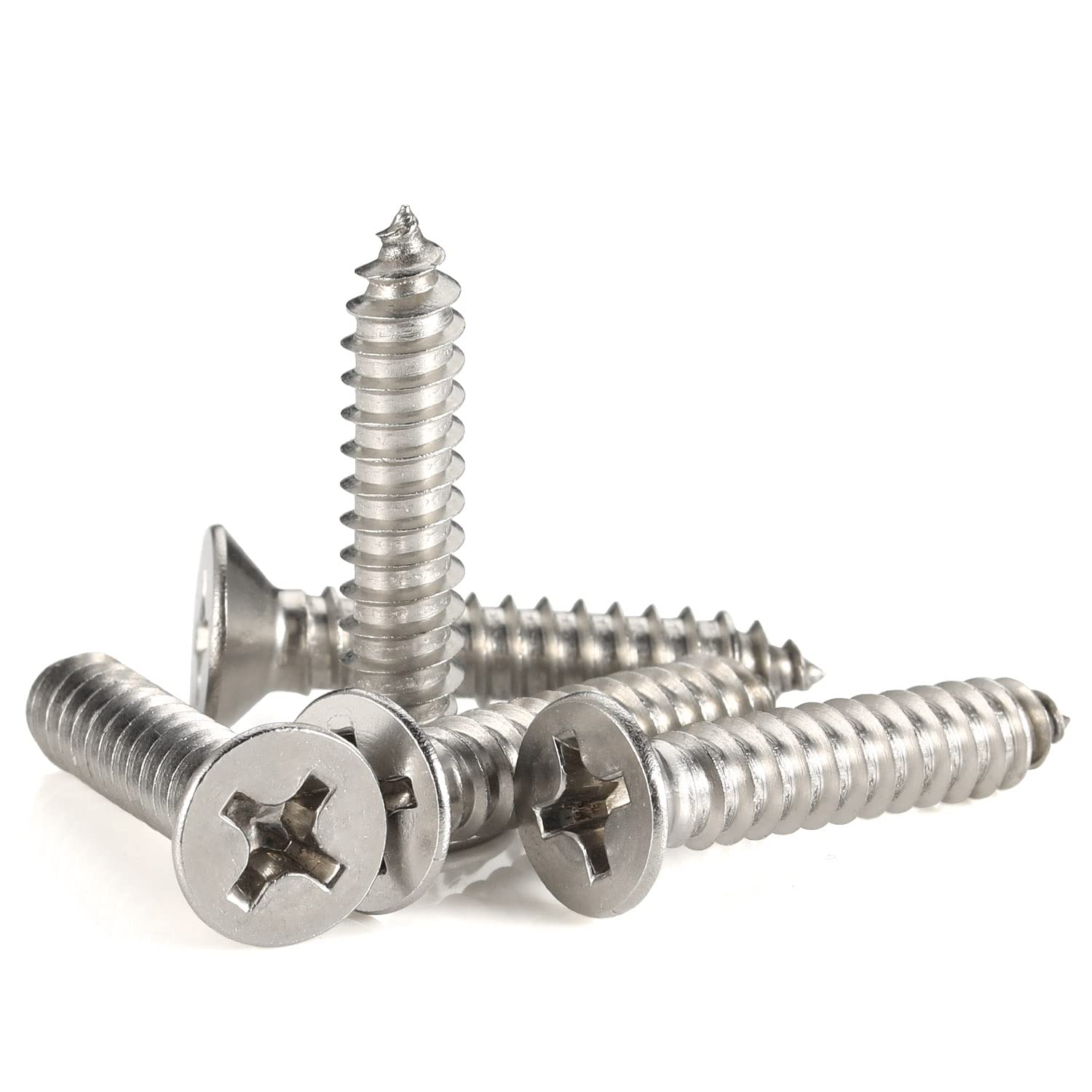 #10 x 1 (3/8" to 2" Available) Flat Head Sheet Metal Screws Wood Screws, 304 Stainless Steel 18-8, Self Tapping, 100 PCS