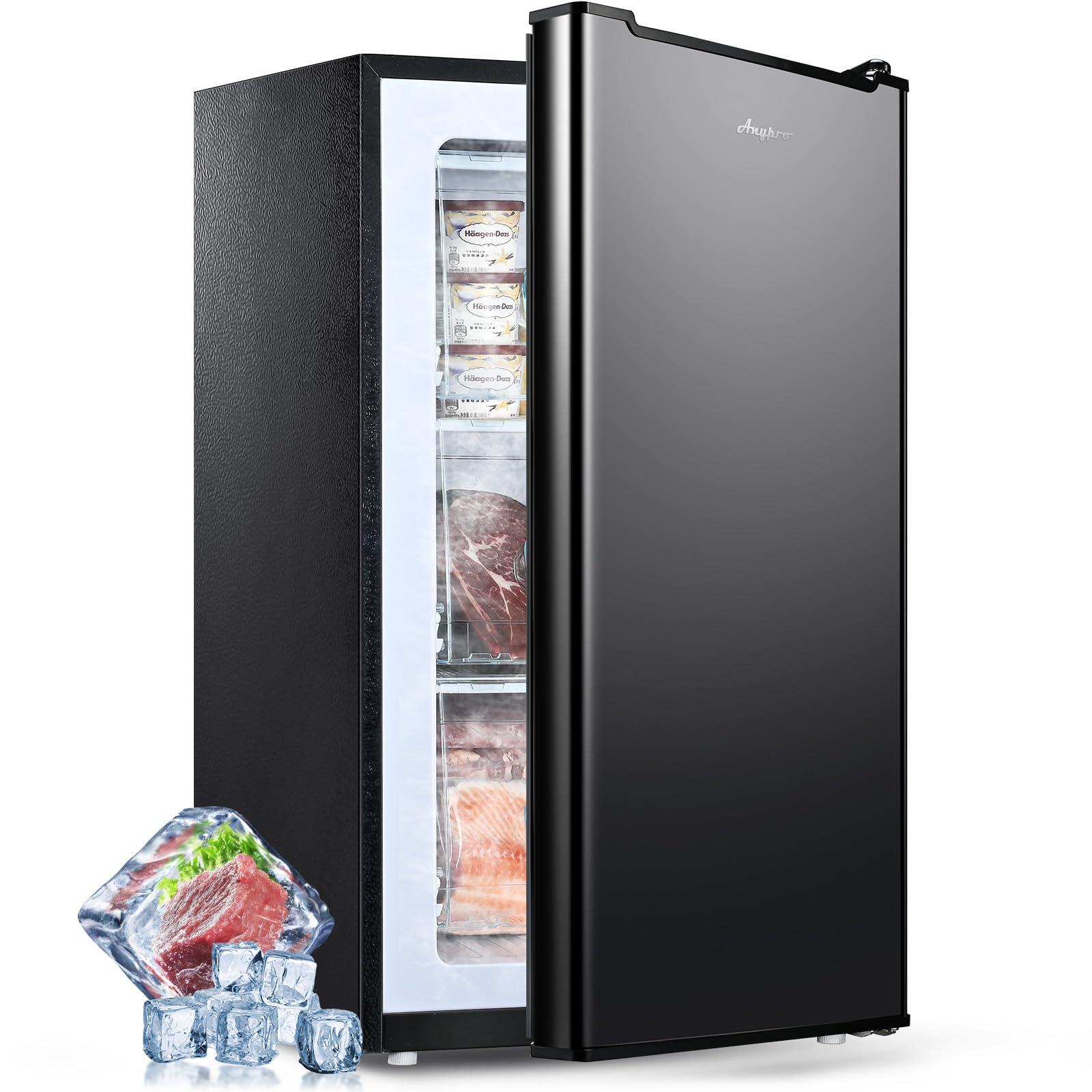 Anypro Upright Freezer 3 Cu.Ft Compact Mini Freezer with Drawers Adjustable Thermostat Small Deep Freezer Single Door Standing Freezer Rapid Cooling Chest Freezer for Office/Dorm/Garage/Back to School