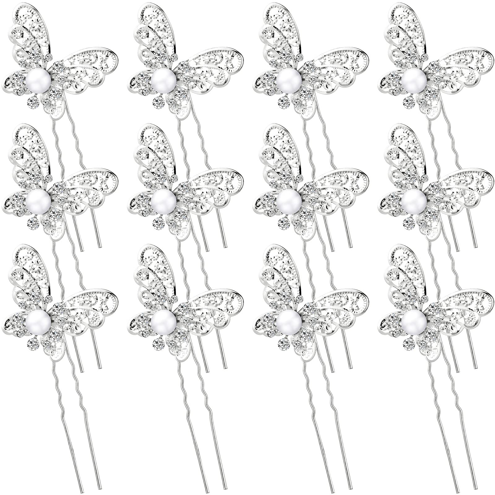 12 Pieces Butterfly Hair Pin Butterfly Hair Clips Crystal Pearl Hair Clips Bridal Wedding Hair Pins Bride Headwear Hair Accessories for Women(Charming Style)