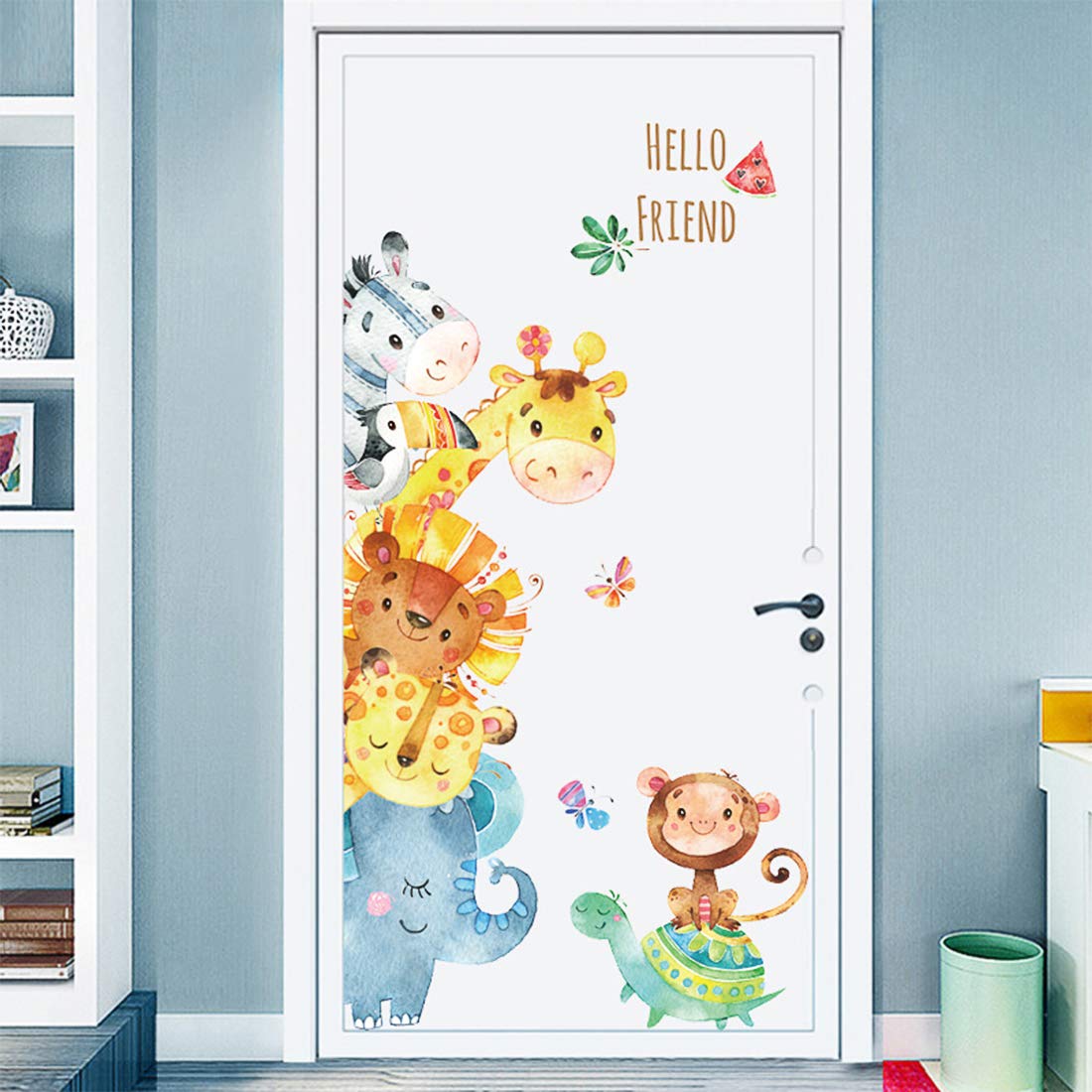Cute Cartoon Animal Door Sticker Giraffe Elephant Wall Decals for Kids Rooms Bedroom Wardrobe Door Nursery Decoration
