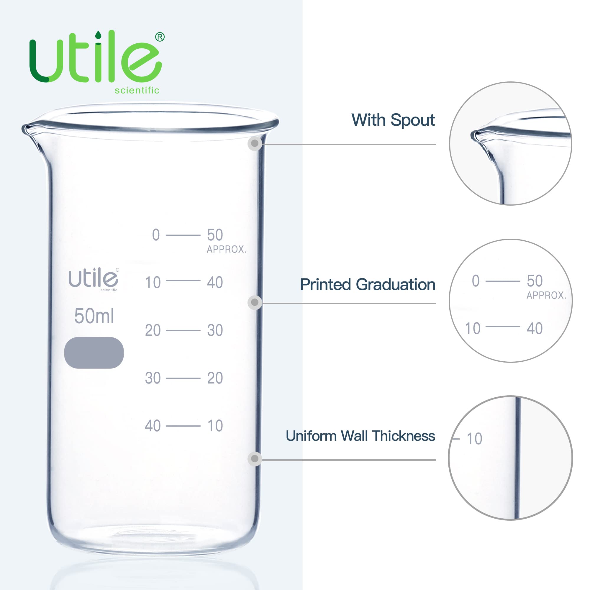 Utile 6pcs of 1.7oz(50ml) Tall Form Glass Beakers, Shot Glass, Borosilicate 3.3 Glass with Printed Graduation, 4001.0050.6