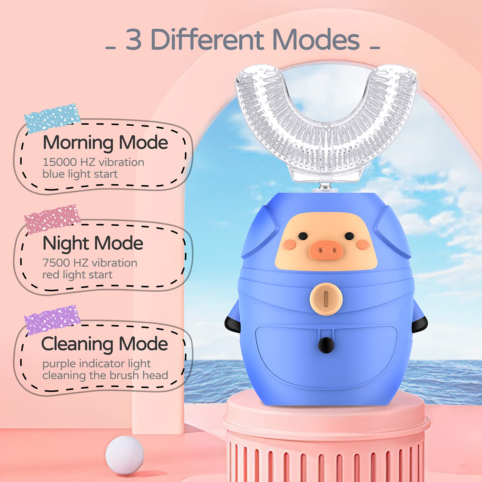 ZZCC Ultrasonic Kids Electric Toothbrush, New U Shape Kid Type Whitening IPX7 Waterproof, 3 Gear Speed, 3-12 Years(Blue-Mini Pig)
