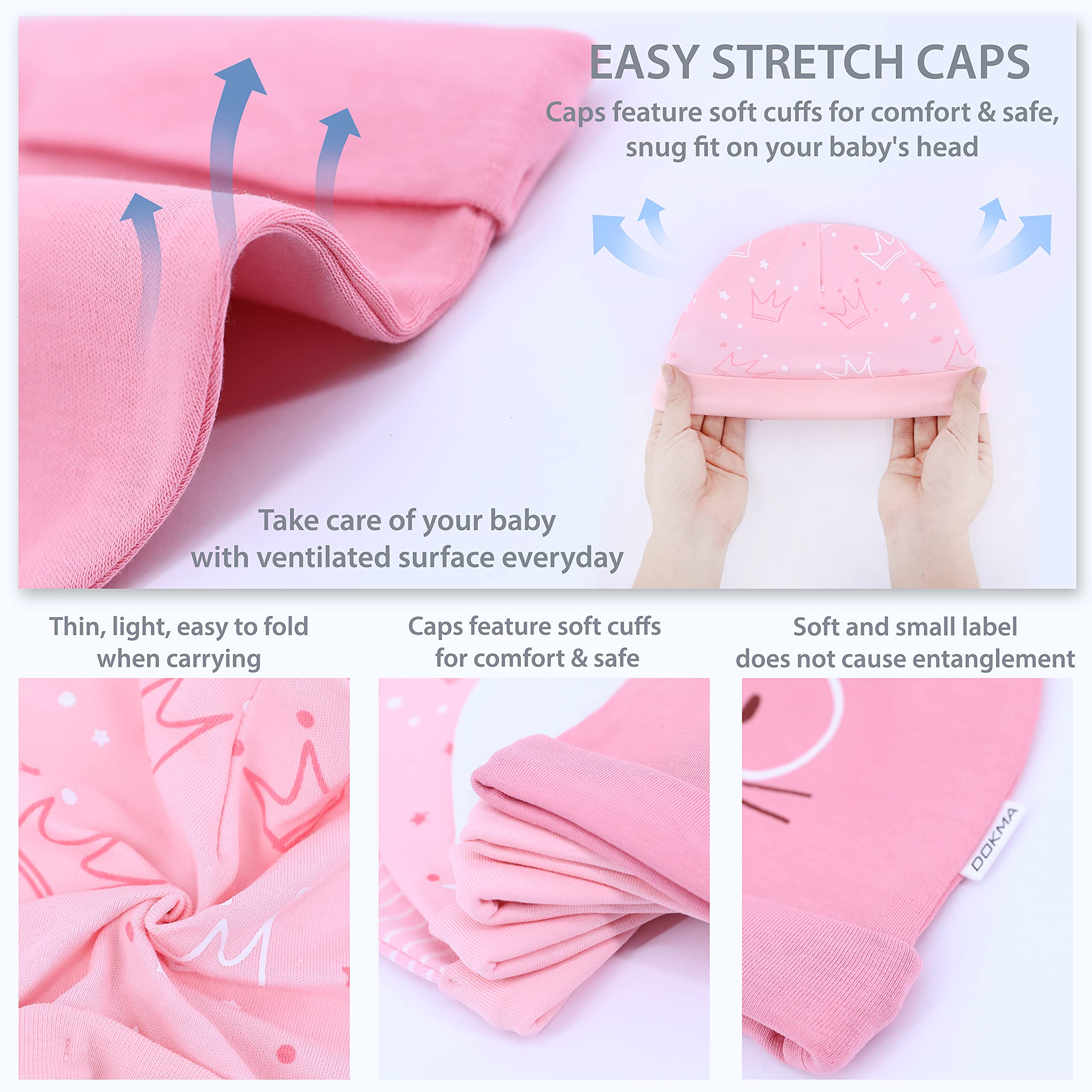 DOKMA Organic Cotton Baby Mittens and Caps Set - Mittens for Newborn 0-6 Months - Ultra Soft, No Scratch - 5 Caps x 3 Mittens
