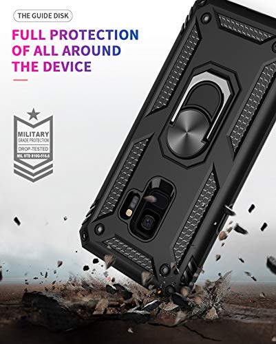 Androgate for Samsung Galaxy S9 Case with HD Screen Protectors, Military-Grade Metal Ring Holder Kickstand 15ft Drop Tested Shockproof Cover Case for Samsung Galaxy S9 (2018), Black