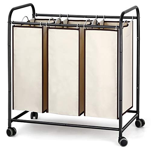 3-Bag Laundry Hamper Sorter Black 3 Section Rolling Dirty Clothing Organizer Cart, Triple Laundry Basket with Heavy Duty Lockable Wheels and Three Removable Laundry Bags, for Bathroom Living Room