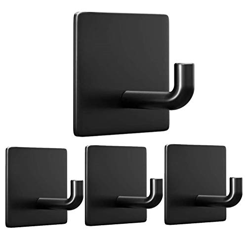 4 Pack Self Adhesive Hooks, Veriya Stainless Steel Adhesive Hook Heavy Duty Sticky Hanger Waterproof Rustproof Hanging Holder Stick on Wall, Door, Bathroom, Kitchen, Office (Black)