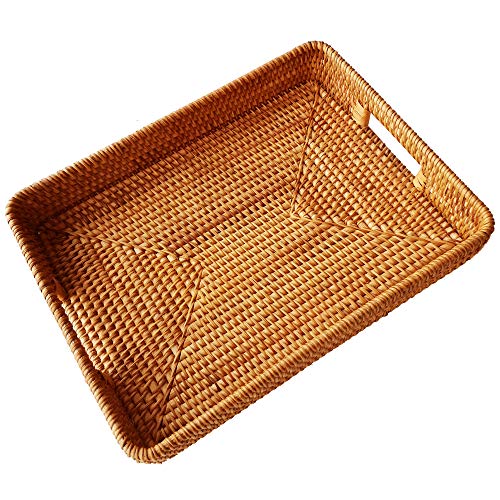 17 Inch Oversize Handmade Serving Tray, Rectangular Trays with Cutout Handles and 2.3”Wall, Decorative Rattan Storage Baskets Woven Organizer Plate Tray For Bread, Fruits,Catch All Dish, XL, Brown