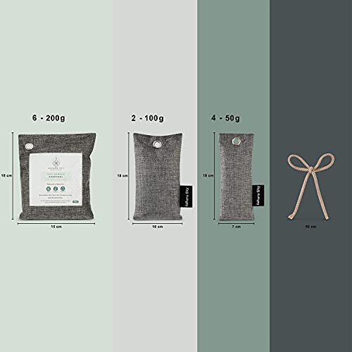 Adhara Sky 12 Pack Bamboo Charcoal Air Purifying Bag, Activated charcoal Bags Odor Absorber, Odor Eliminator for Home, Car, Office, Closet & House Deodorizer (6X200g,2X100g,4X50g,6 Hooks & Strings)