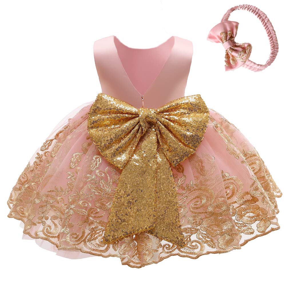 0-6T Big Bowknot Sequins Embroidered Lace Party Tutu Gown Toddler Baby Girls Dress with Headwear Easter Ball Gown Dress Pink 80