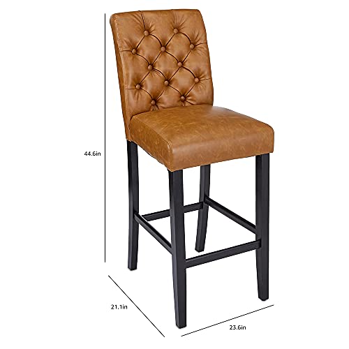 CangLong Mid-Century Tufted Leather Kitchen Counter Upholstered Bar Stool with Wood Legs Set of 1,Brown (KU-191322)