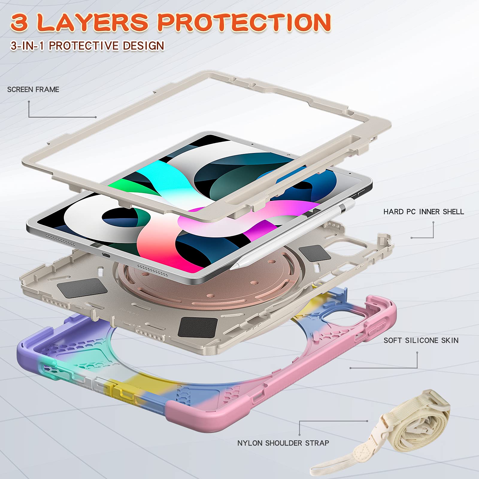 MEEgoodo Case for iPad Air 13 inch (M2) 2024 & iPad Pro 12.9 Case 6th/5th/4th/3rd Generation 2022 2021 2020 2018, Tablet Cover with Pencil Holder/Rotating Stand/Shoulder Strap for Kids, Colourful Pink