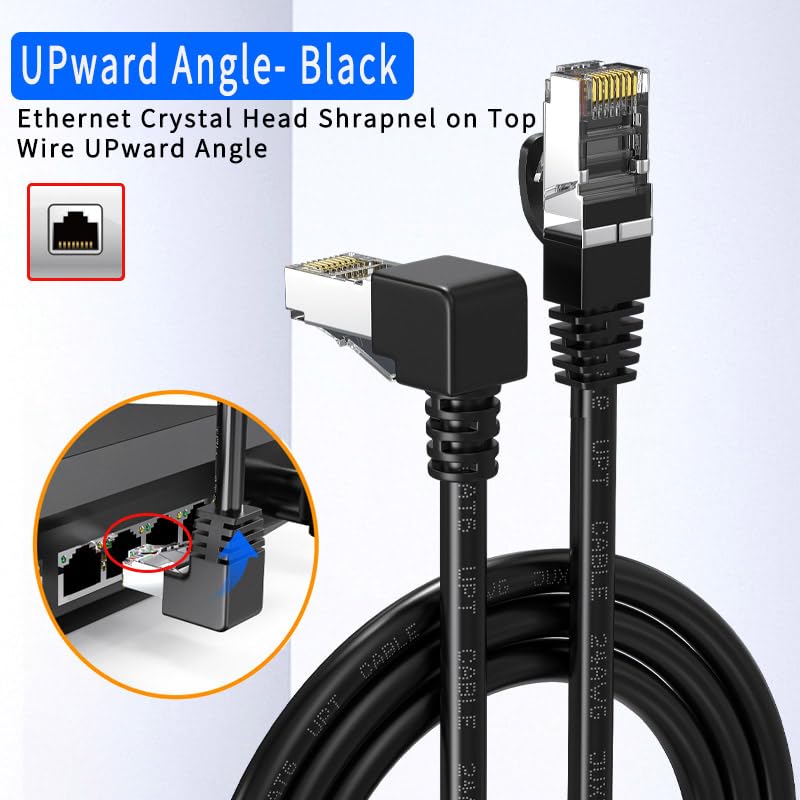 JUXINICE Cat6 Shielded Ethernet Cable 90 Degree Right Angle Upward & FTP CAT 6 RJ45 gigabit Internet Cable for Mac,PC, Router, Modem, Printer, Xbox, PS4, PS3-10 Feet,Black